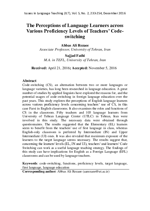 (PDF) The Perceptions of Language Learners across Various Proficiency Levels of Teachers' Code ...