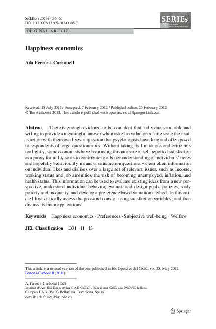 (PDF) Happiness economics