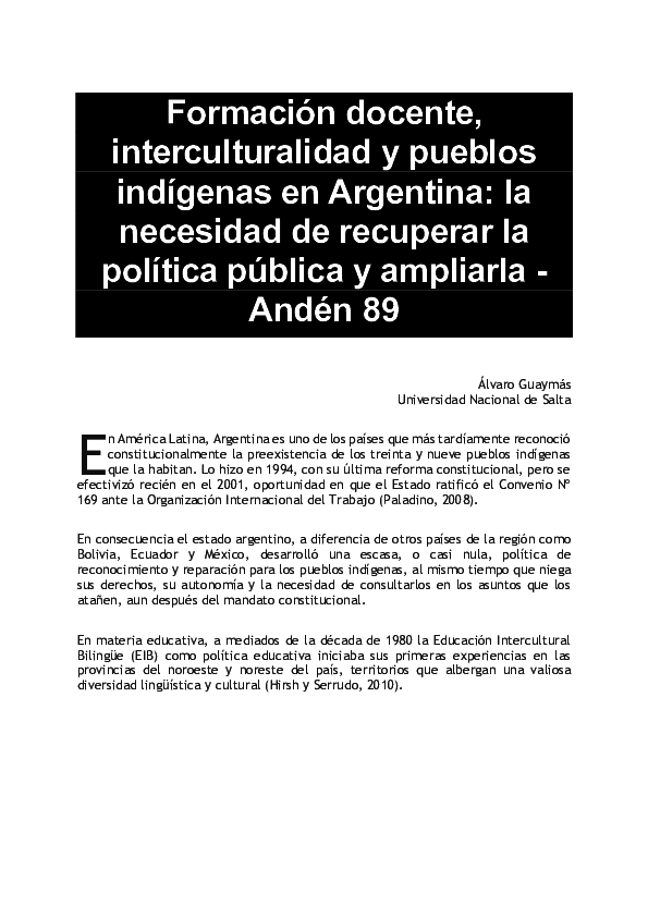 (PDF) Formación docente, interculturalidad y pueblos indígenas en ...