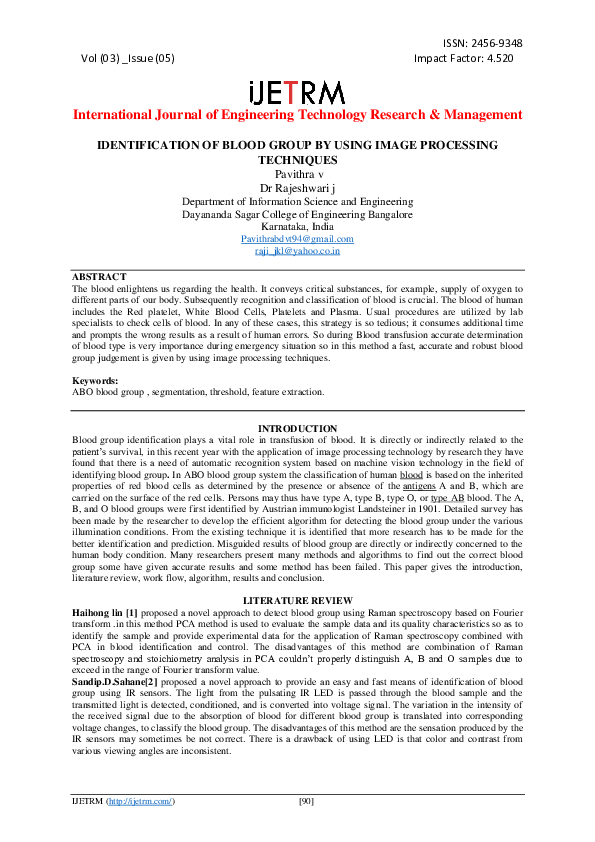 (PDF) IDENTIFICATION OF BLOOD GROUP BY USING IMAGE PROCESSING TECHNIQUES
