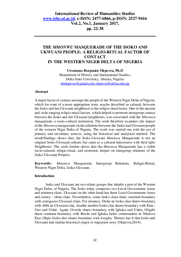 (PDF) THE MMONWU MASQUERADE OF THE ISOKO AND UKWUANI PEOPLE: A RELIGIO ...