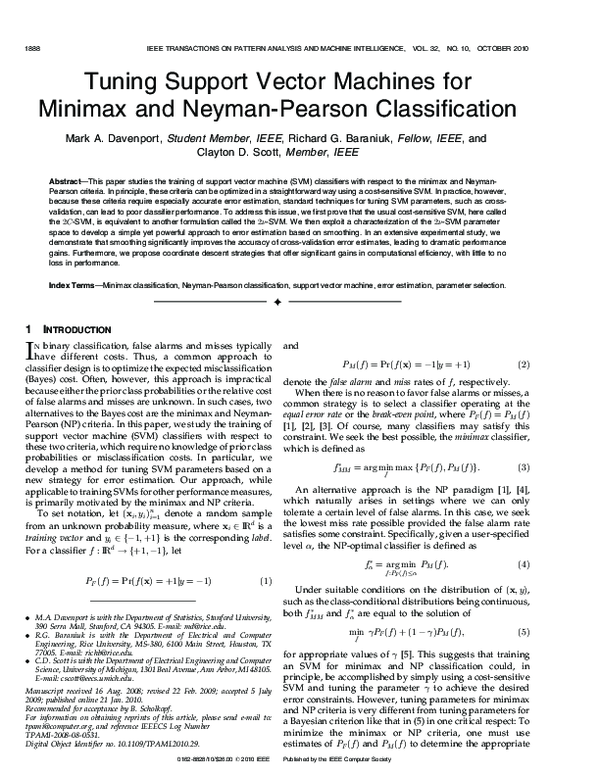 (PDF) Tuning support vector machines for minimax and Neyman-Pearson classification