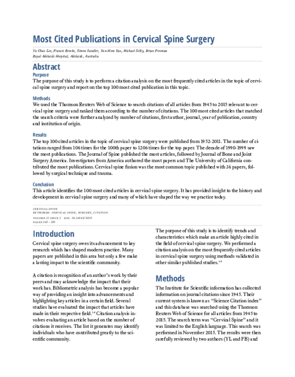 (PDF) Most Cited Publications in Cervical Spine Surgery