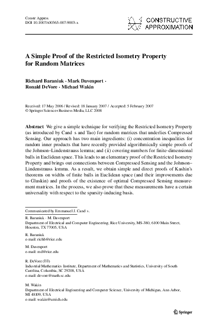 (PDF) A simple proof of the restricted isometry property for random matrices