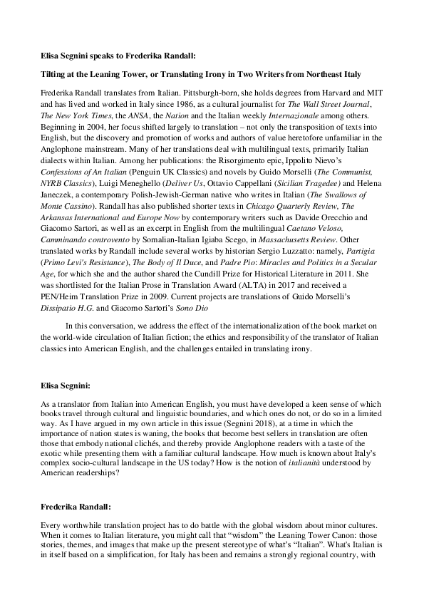 (PDF) Translating Irony in Two Writers from Italy's Northeast: Elisa ...