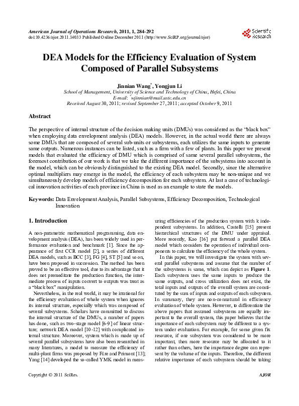 (PDF) DEA Models for the Efficiency Evaluation of System