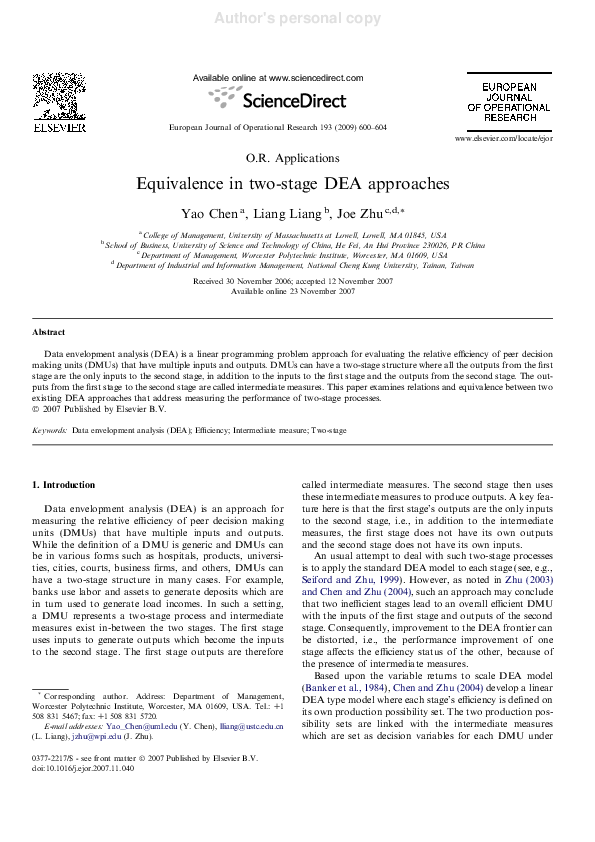(PDF) Author's personal copy Equivalence in two-stage DEA approaches