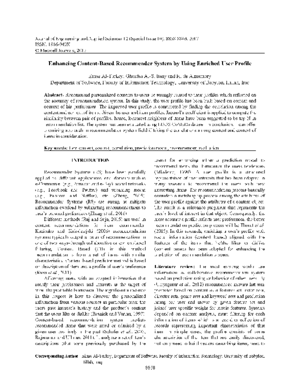 (PDF) Enhancing Content-Based Recommender System by Using Enriched User Profile