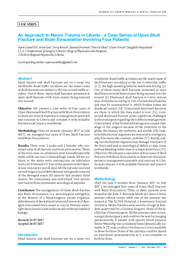 (PDF) An Approach to Neuro-Trauma in Liberia -a Case Series of Open ...