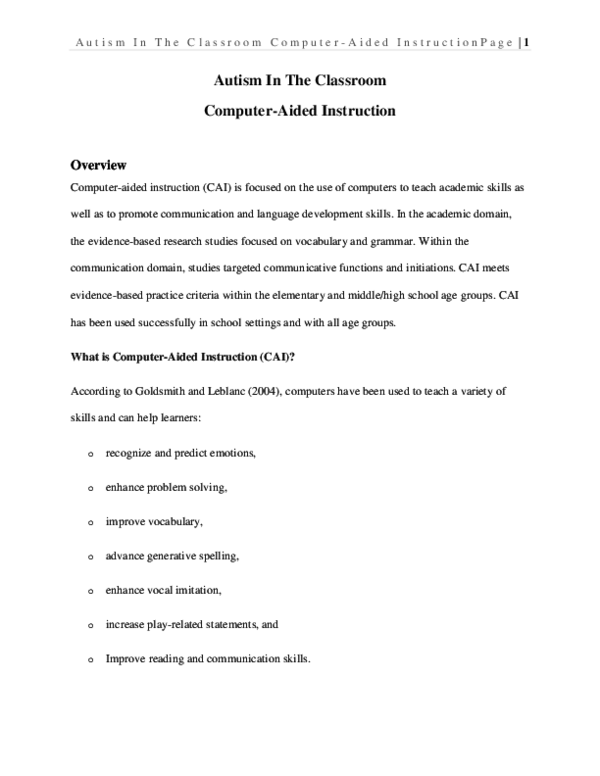 (DOC) Autism In The Classroom Computer-Aided Instruction