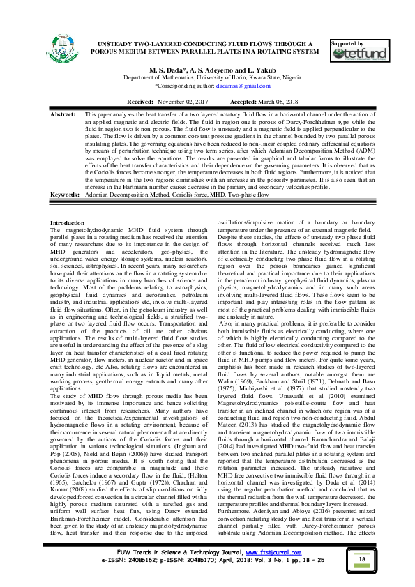 (PDF) UNSTEADY TWO-LAYERED CONDUCTING FLUID FLOWS THROUGH A POROUS ...