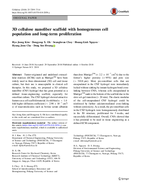 (PDF) 3D cellulose nanofiber scaffold with homogeneous cell population ...