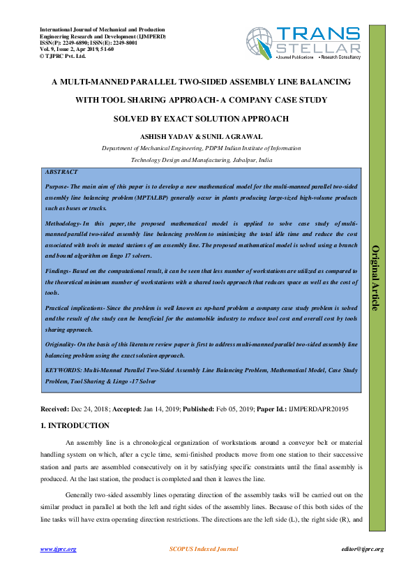 Pdf A Multi Manned Parallel Two Sided Assembly Line Balancing With Tool Sharing Approach A