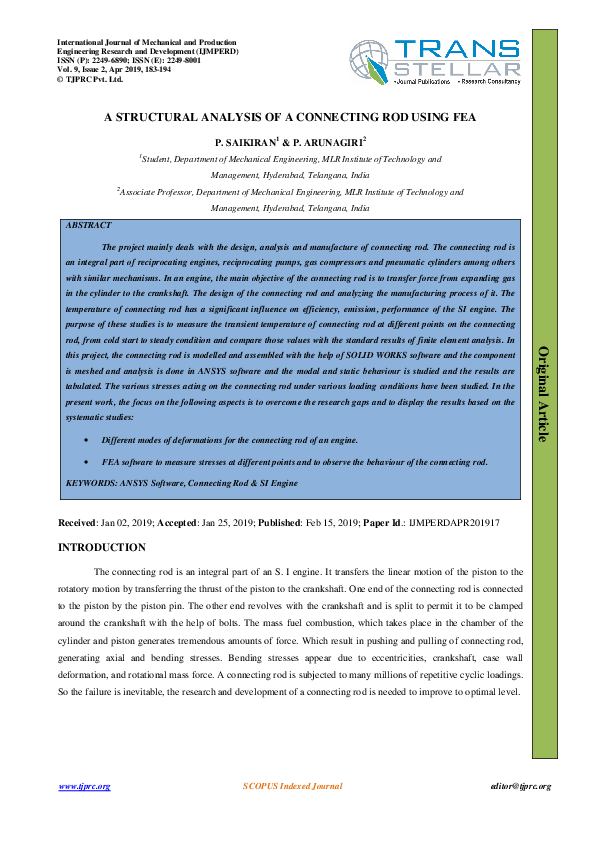Pdf A Structural Analysis Of A Connecting Rod Using Fea 9028