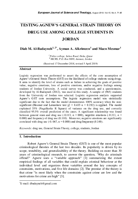 (PDF) TESTING AGNEW'S GENERAL STRAIN THEORY ON DRUG USE AMONG COLLEGE ...