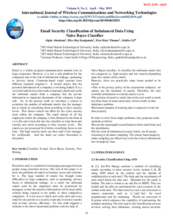 Pdf Email Security Classification Of Imbalanced Data Using Naive Bayes Classifier