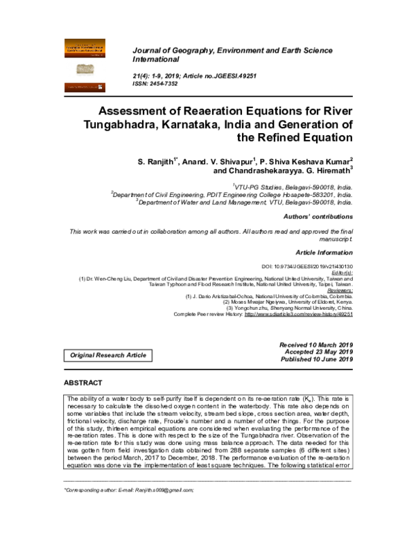(PDF) Assessment of Reaeration Equations for River Tungabhadra ...