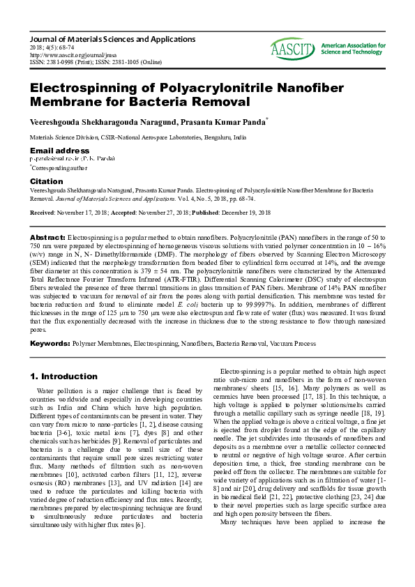 (PDF) Electrospinning of Polyacrylonitrile Nanofiber Membrane for Bacteria Removal