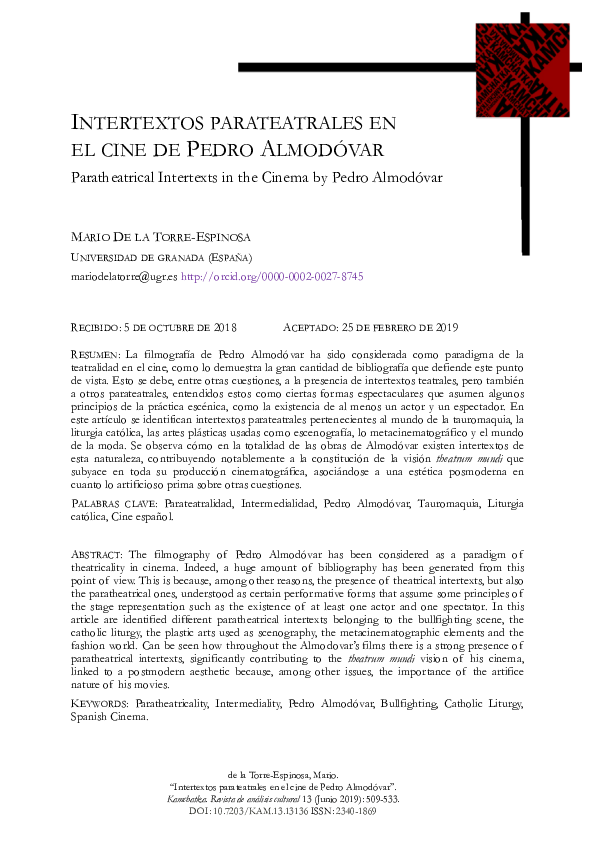 (PDF) Paratheatrical Intertexts in the Cinema by Pedro Almodóvar