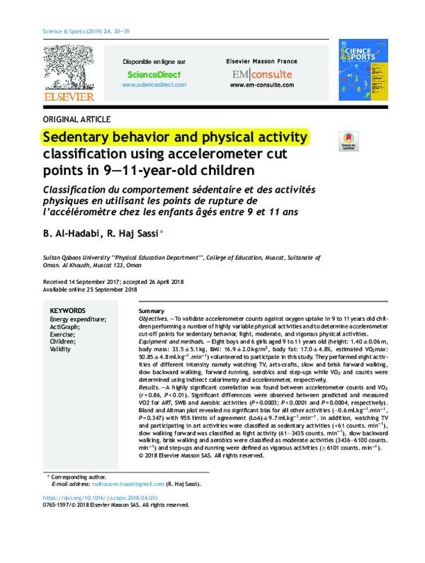 (PDF) ScienceDirect Sedentary behavior and physical activity classification using accelerometer ...