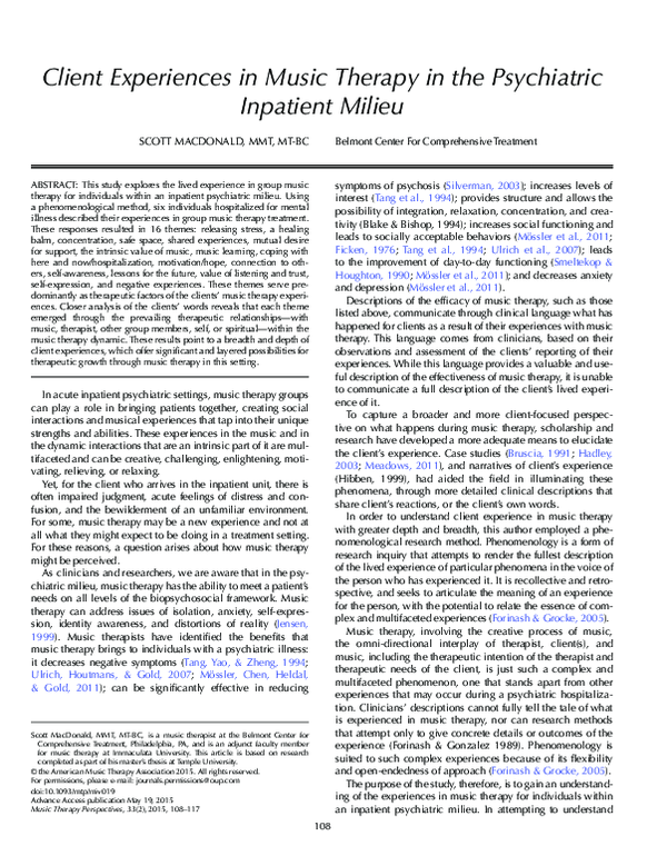 (PDF) Client Experiences in Music Therapy in the Psychiatric Inpatient ...