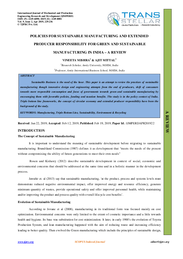 (PDF) POLICIES FOR SUSTAINABLE MANUFACTURING AND EXTENDED PRODUCER ...