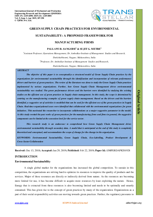 (PDF) GREEN SUPPLY CHAIN PRACTICES FOR ENVIRONMENTAL SUSTAINABILITY: A ...