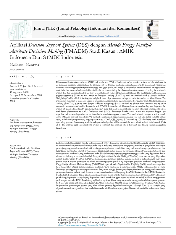 Pdf Aplikasi Decision Support System Dss Dengan Metode Fuzzy Multiple Attribute Decission