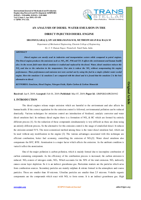 (PDF) AN ANALYSIS OF DIESEL WATER EMULSION IN THE DIRECT INJECTED ...