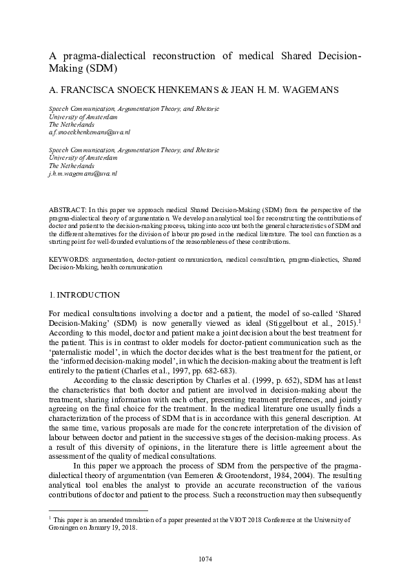 Pdf A Pragma Dialectical Reconstruction Of Medical Shared Decision Making Sdm