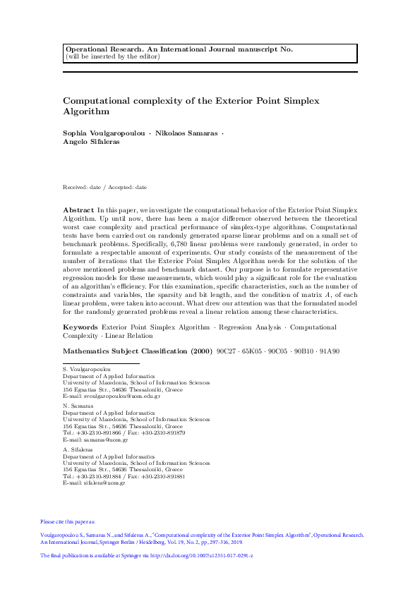 Pdf Computational Complexity Of The Exterior Point Simplex Algorithm