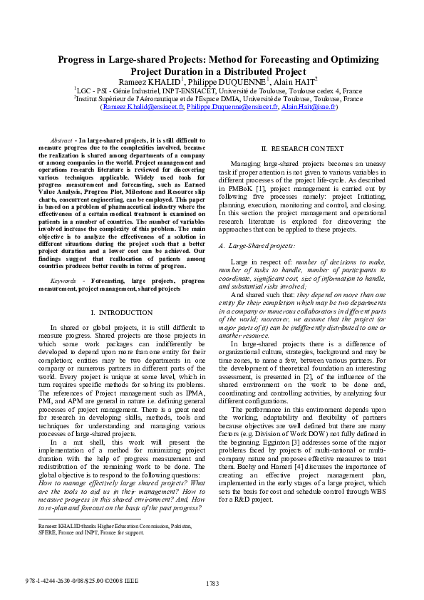 (PDF) Progress in large-shared projects : method for forecasting and ...