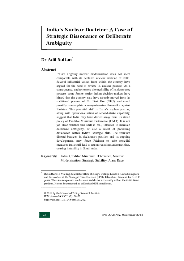 (PDF) Adil Sultan India's Nuclear Doctrine: A Case of Strategic Dissonance or Deliberate ...