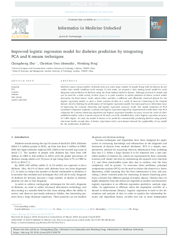 Pdf Improved Logistic Regression Model For Diabetes Prediction By Integrating Pca And K Means