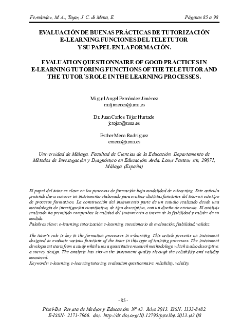(PDF) EVALUACIÓN DE BUENAS PRÁCTICAS DE TUTORIZACIÓN E-LEARNING. FUNCIONES DEL TELETUTOR Y SU ...