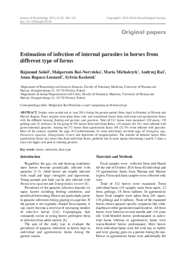 (PDF) Estimation of infections of internal parasites in horses from ...
