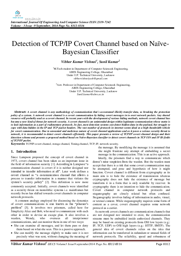 (PDF) Detection of TCP/IP Covert Channel based on Naïve- Bayesian Classifier