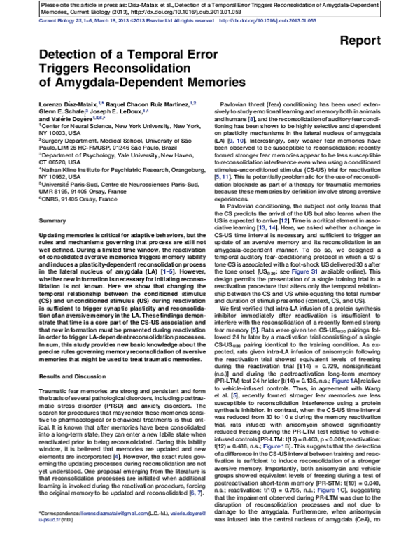 (PDF) Report Detection of a Temporal Error Triggers Reconsolidation of Amygdala-Dependent Memories
