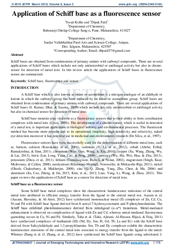 (PDF) Application of Schiff base as a fluorescence sensor