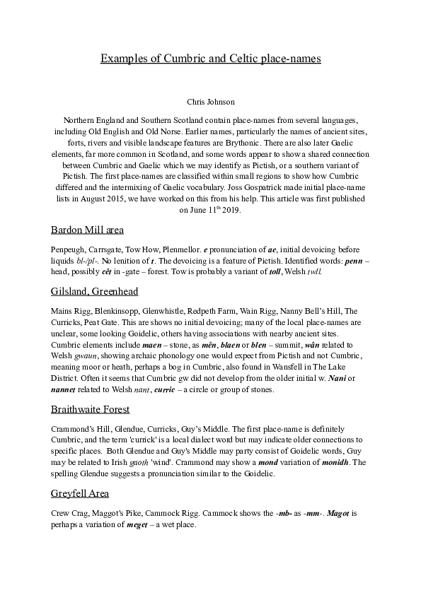(PDF) Examples of Cumbric and Celtic place-names