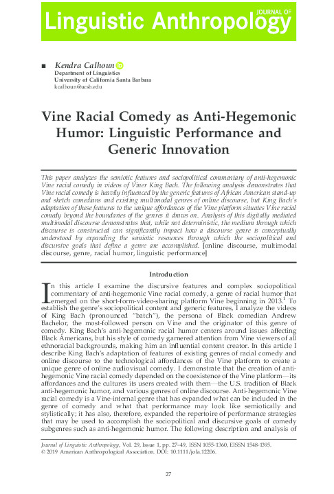 (PDF) Vine racial comedy as anti-hegemonic humor: Linguistic ...