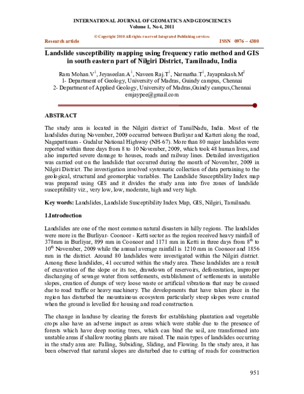 (PDF) Landslide susceptibility mapping using frequency ratio method and GIS in south eastern ...