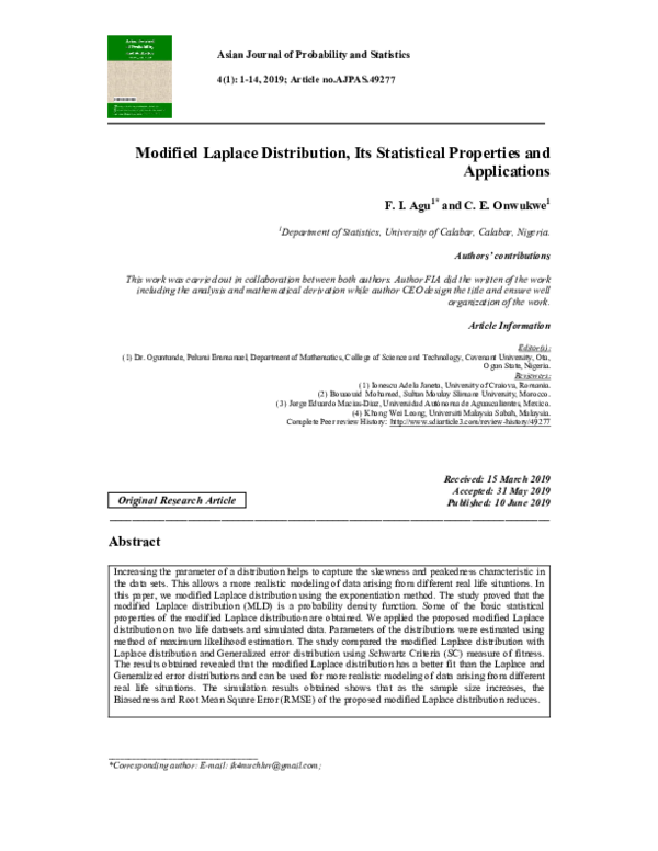 (PDF) Modified Laplace Distribution, Its Statistical Properties and Applications