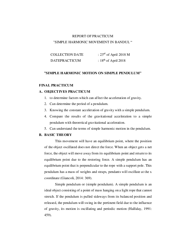 (PDF) REPORT OF PRACTICUM "SIMPLE HARMONIC MOVEMENT IN BANDUL " "SIMPLE HARMONIC MOTION ON ...