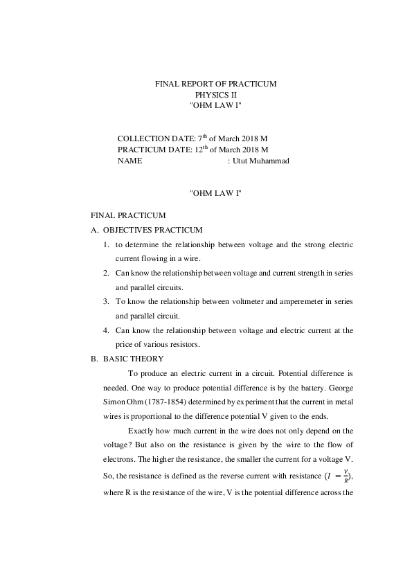 (PDF) FINAL REPORT OF PRACTICUM PHYSICS II "OHM LAW I"
