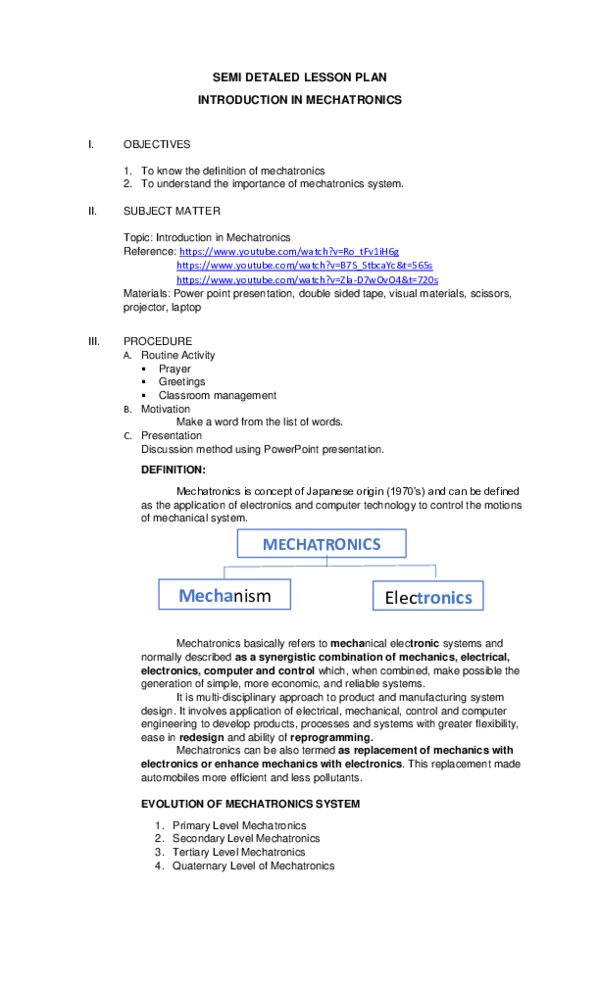 (DOC) SEMI DETALED LESSON PLAN INTRODUCTION IN MECHATRONICS