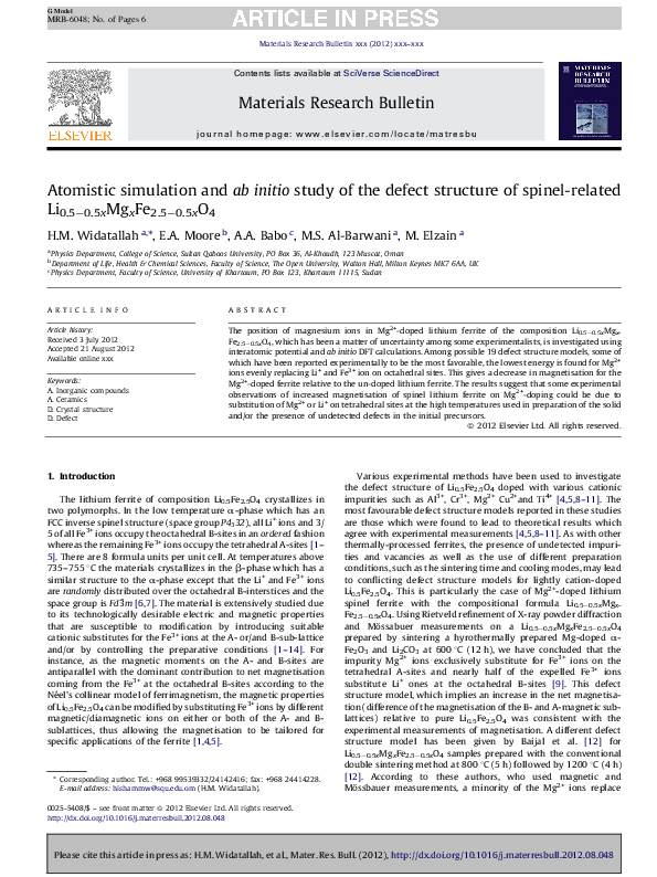 (PDF) Atomistic simulation and ab initio study of the defect structure of spinel-related Li 0 ...