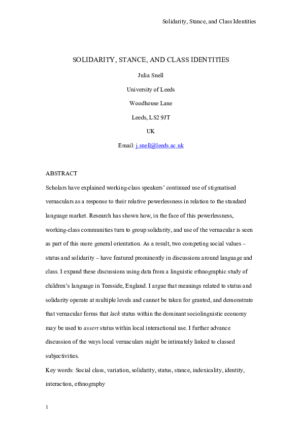 (PDF) Solidarity, Stance, and Class Identities