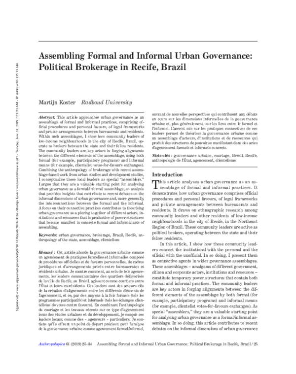 (PDF) Assembling Formal and Informal Urban Governance: Political ...