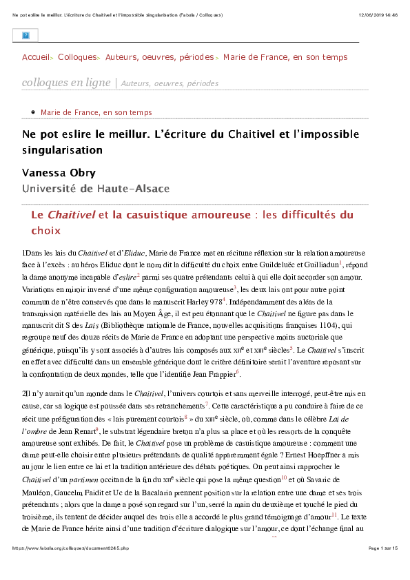 (PDF) " 'Ne pot eslire le meillur'. L'écriture du Chaitivel et l ...